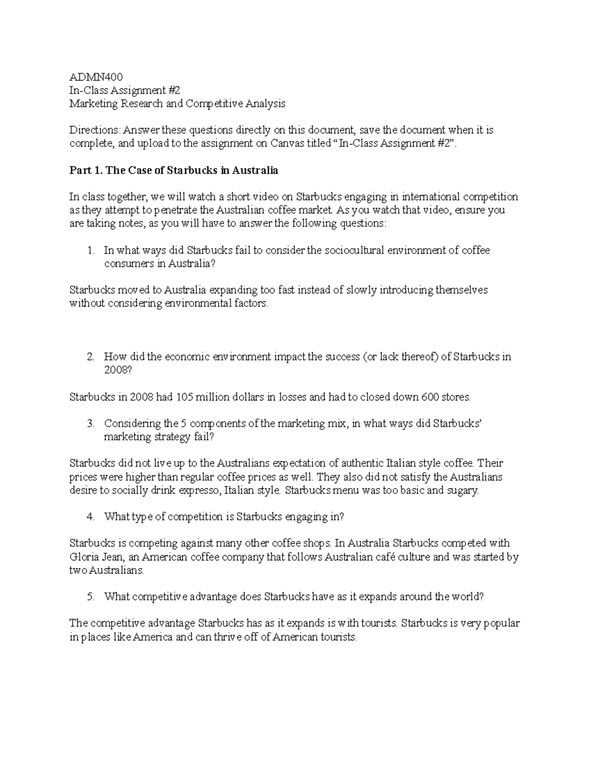 In-Class Assignment #2 -1 - ADMN In-Class Assignment # Marketing Research and Competitive ...