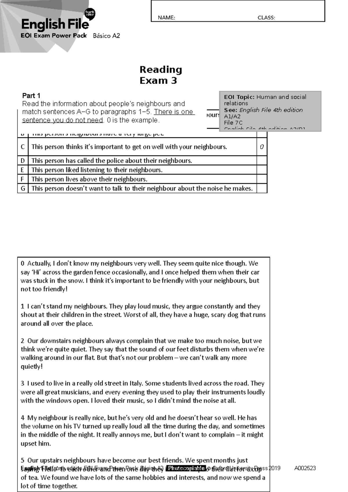 A2 Reading 3 - English File fourth edition EOI Exam Power Pack: Básico ...