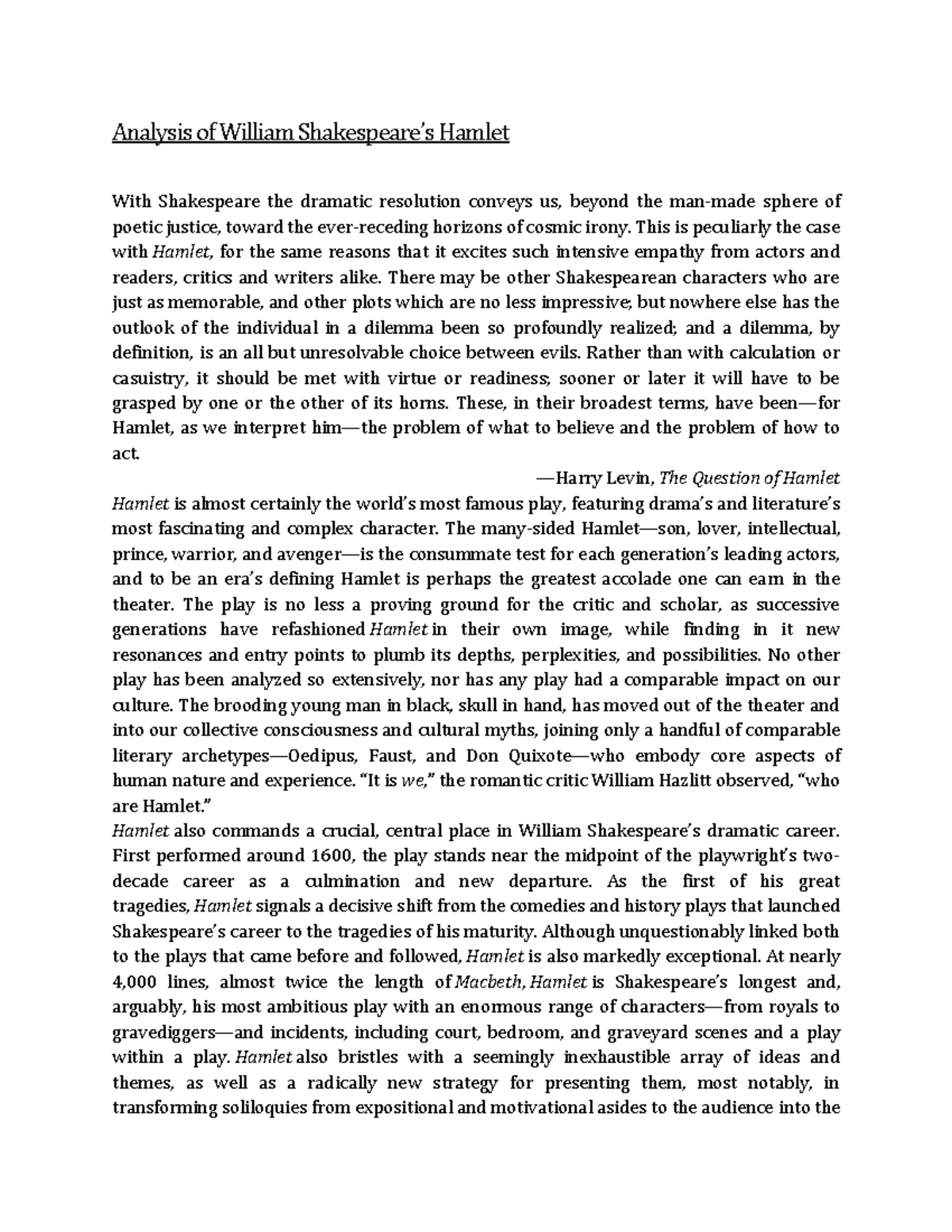 Analysis of William Shakespeare’s Hamlet - Analysis of William ...