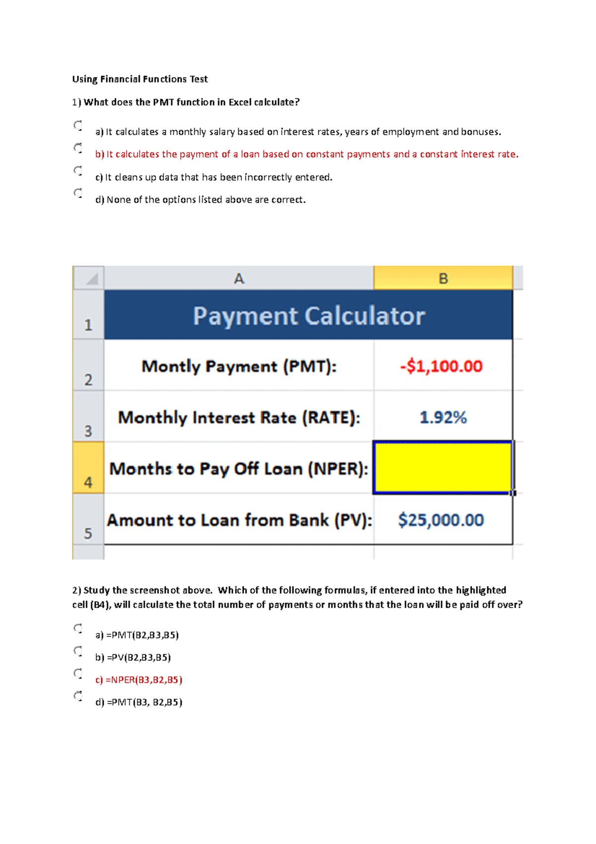 Sample test questions and answers - Using Financial Functions Test What ...