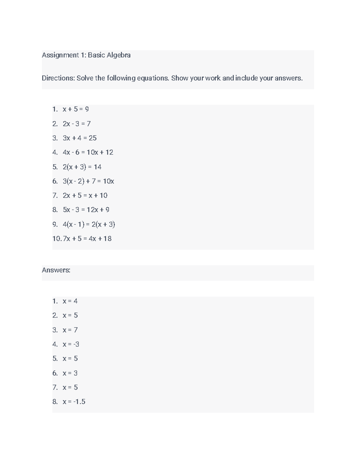 Assignment 1 Basic Algebra - Assignment 1: Basic Algebra x + 5 ...