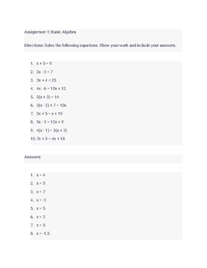 Assignment 1 Solving Equations - Assignment 1: Solving Equations Directions: Solve the following ...