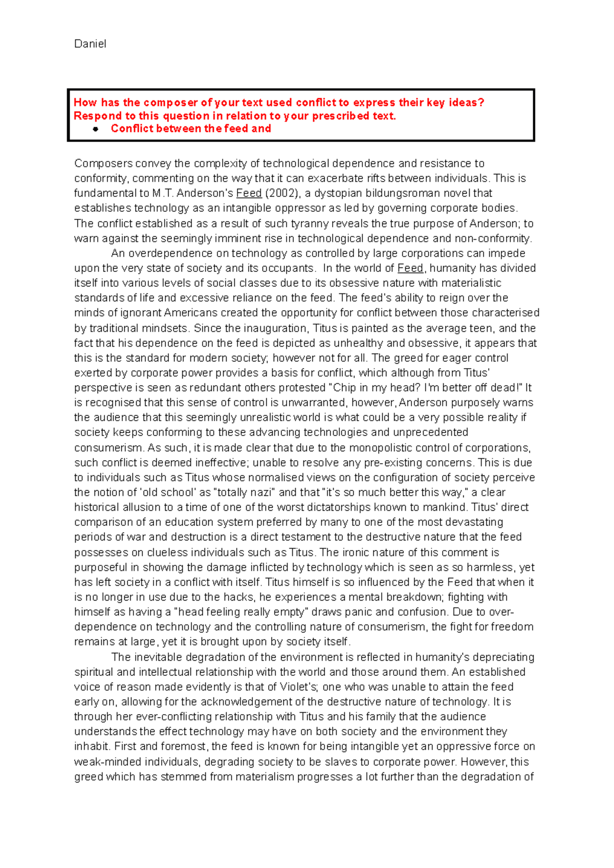 Feed practice essay - Daniel How has the composer of your text used ...