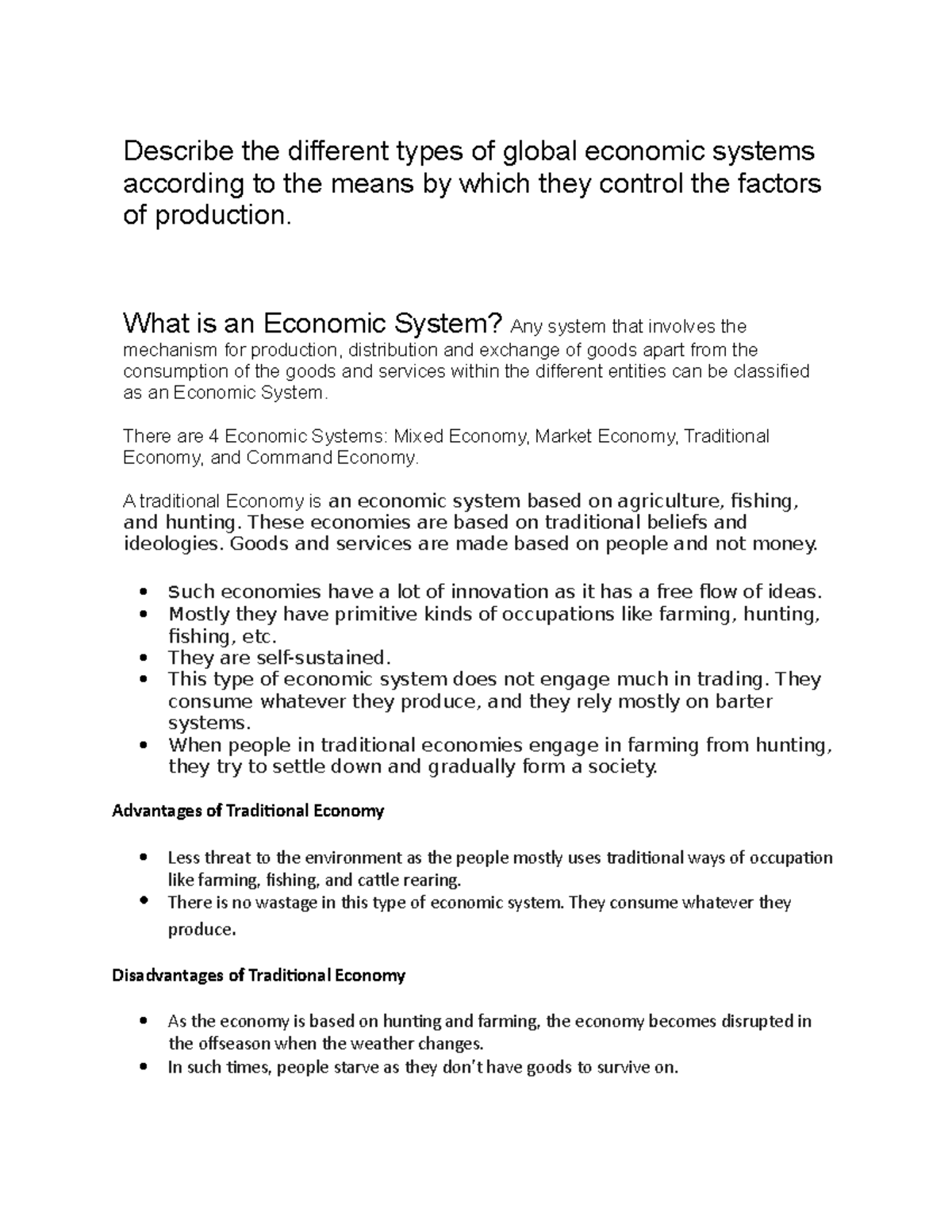 Describe the different types of global economic systems MO1 - Describe ...