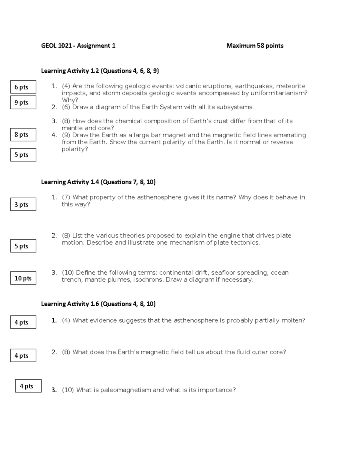 Geol 1021 Assignment 1 Template With Points Geol 1021 Assignment 1 Maximum 58 Points
