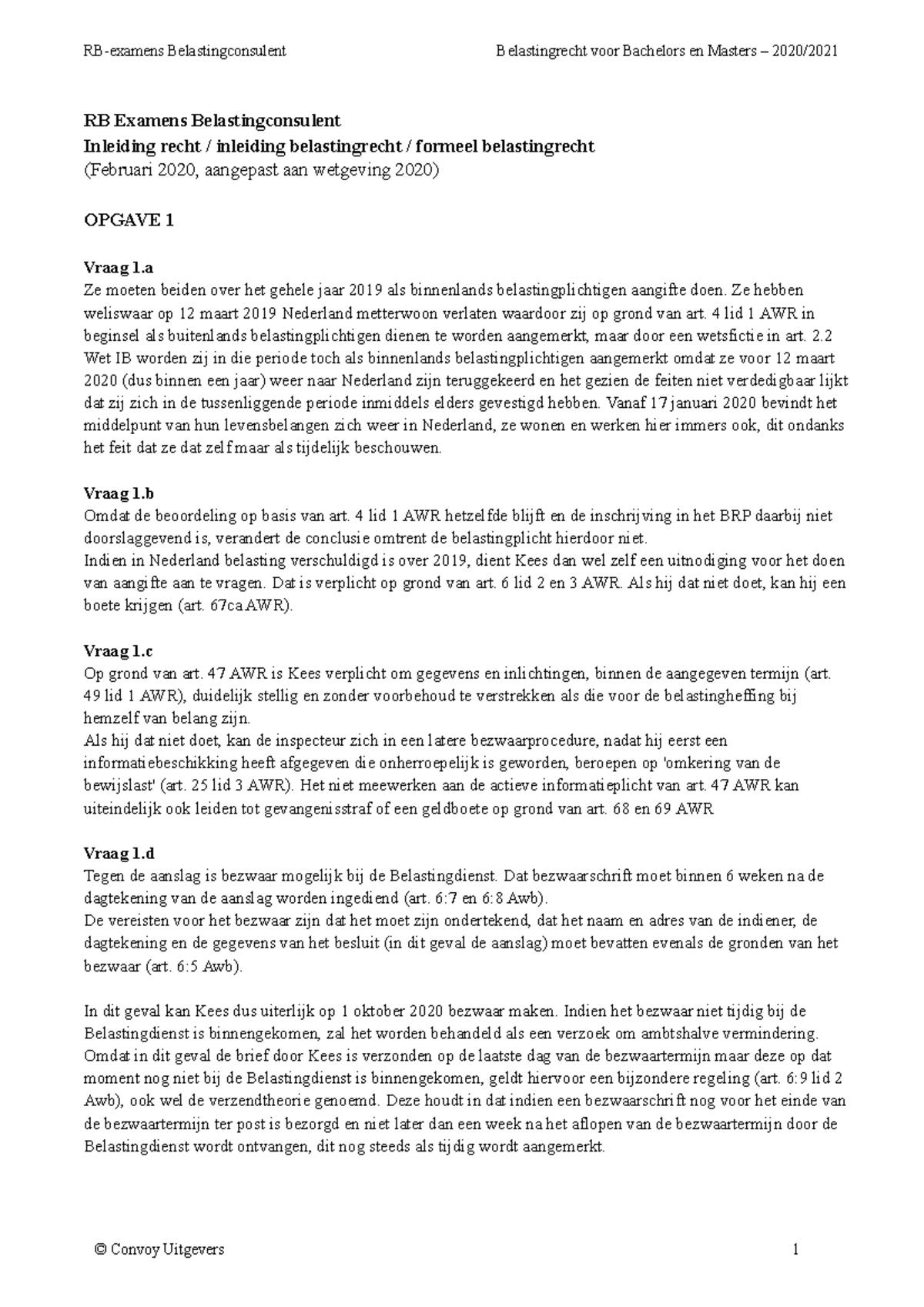 Uitwerkingen RB examen belastingconsulent 2020-feb - RB Examens Belastingconsulent Inleiding ...