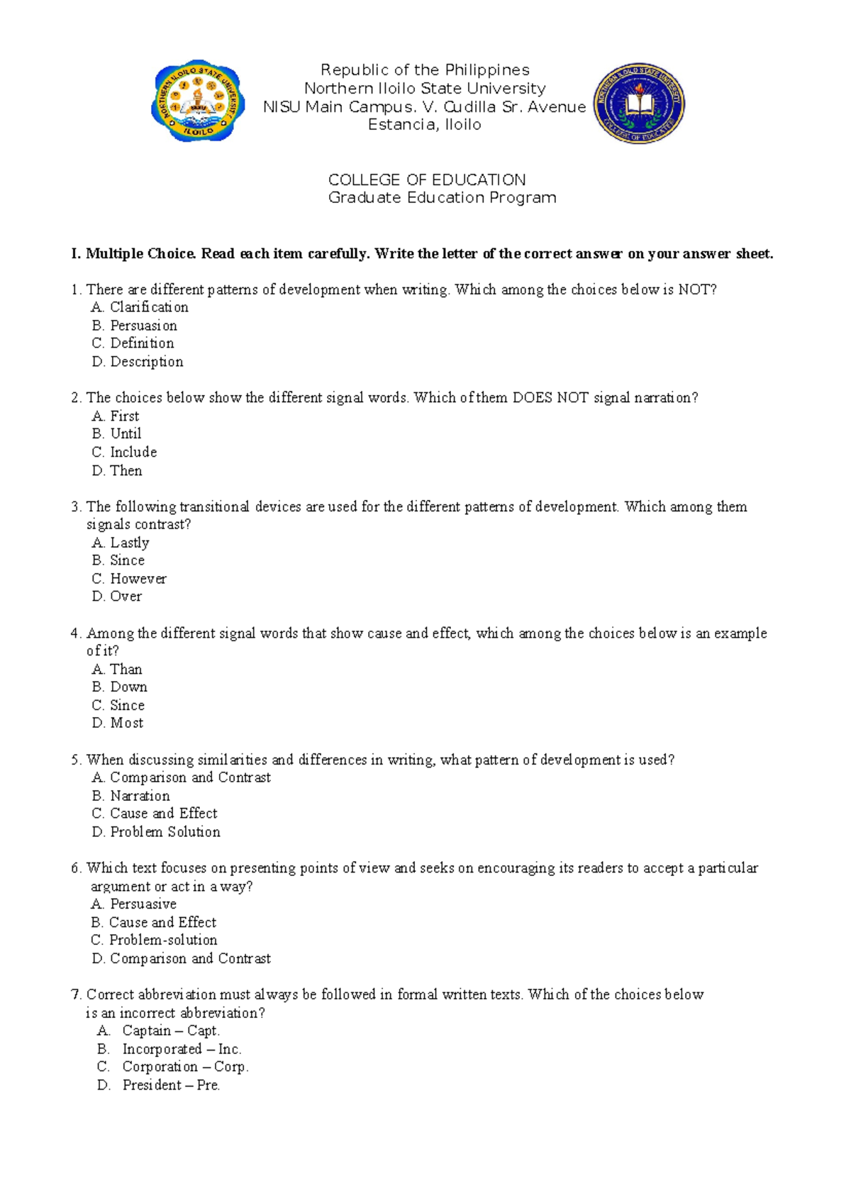 Output test - sample test items - Republic of the Philippines Northern ...