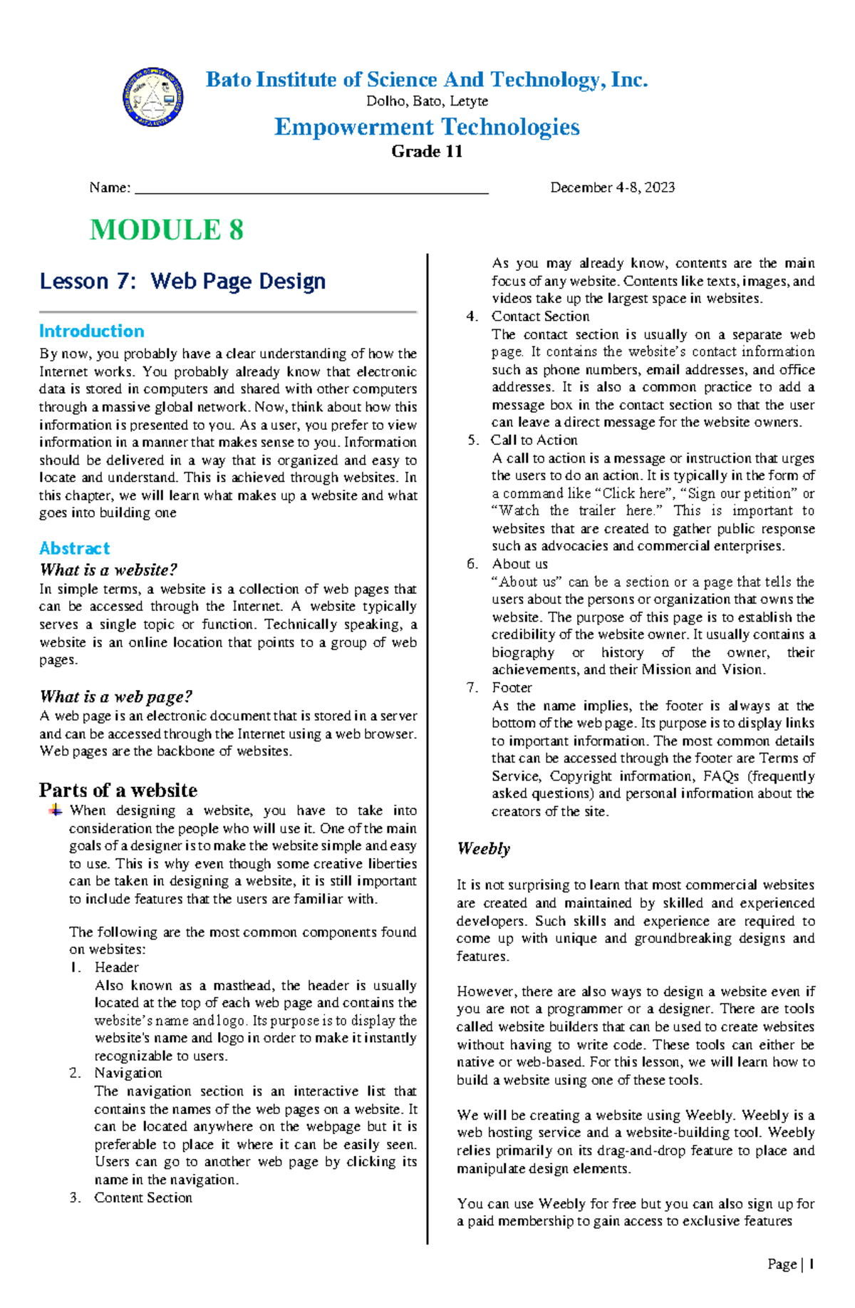 Lesson 7 Web Page Design - Bato Institute of Science And Technology ...