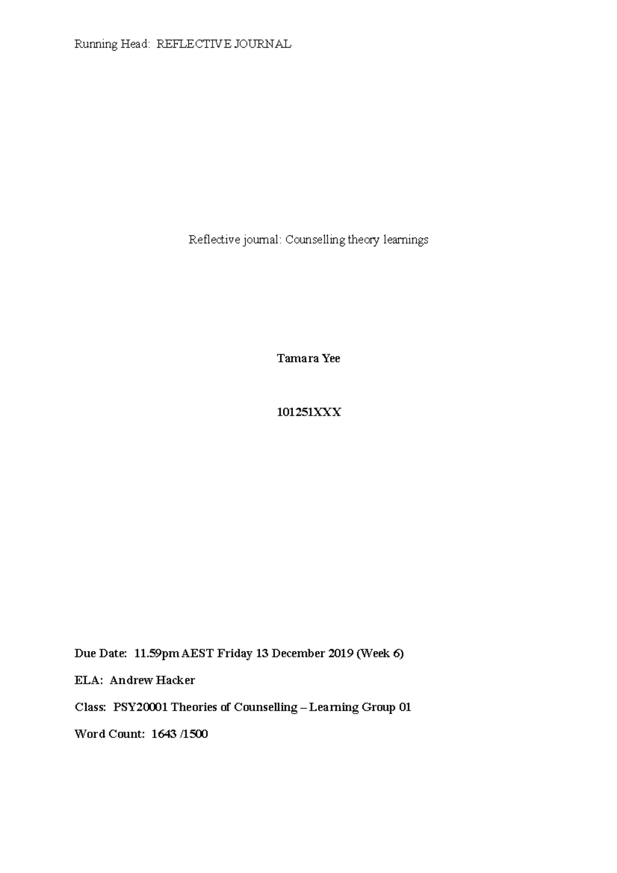 Reflective Journal - Assessment 1 - Intro to Theories of Counselling ...