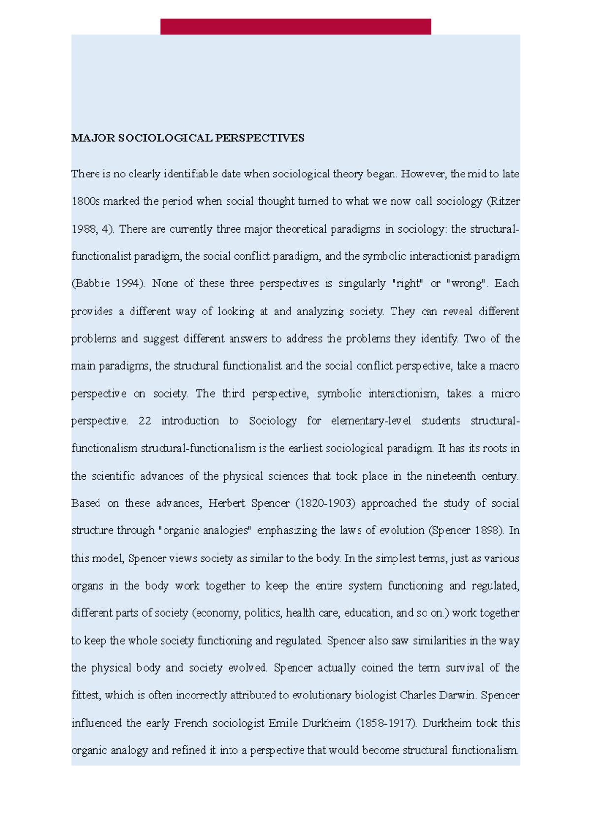 Notes Sociology - Major Sociological Perspectives - MAJOR SOCIOLOGICAL ...