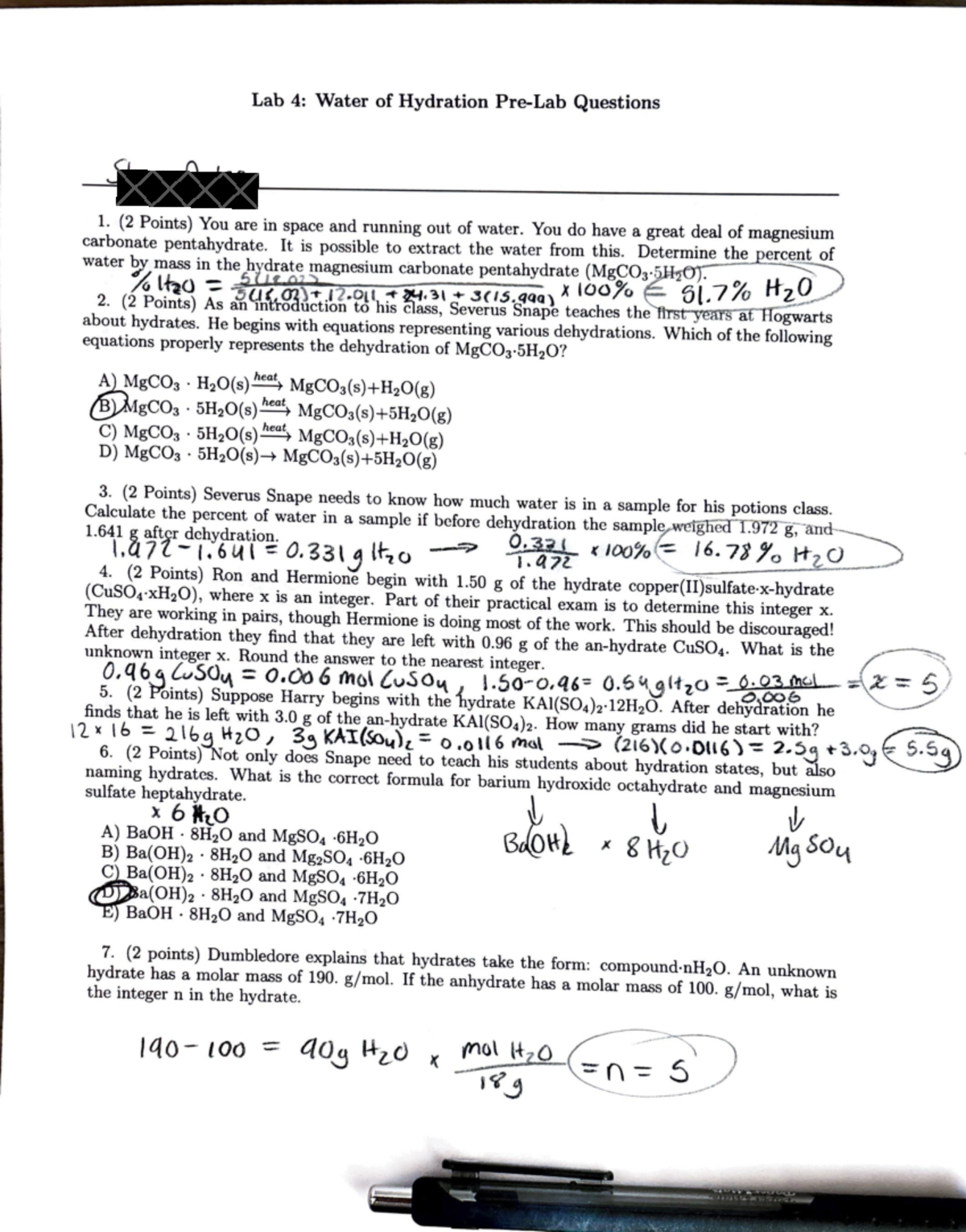 Lab 4 water of hydration full lab - Lab 4: Water of Hydration Pre-Lab Questions (2 Points) You ...