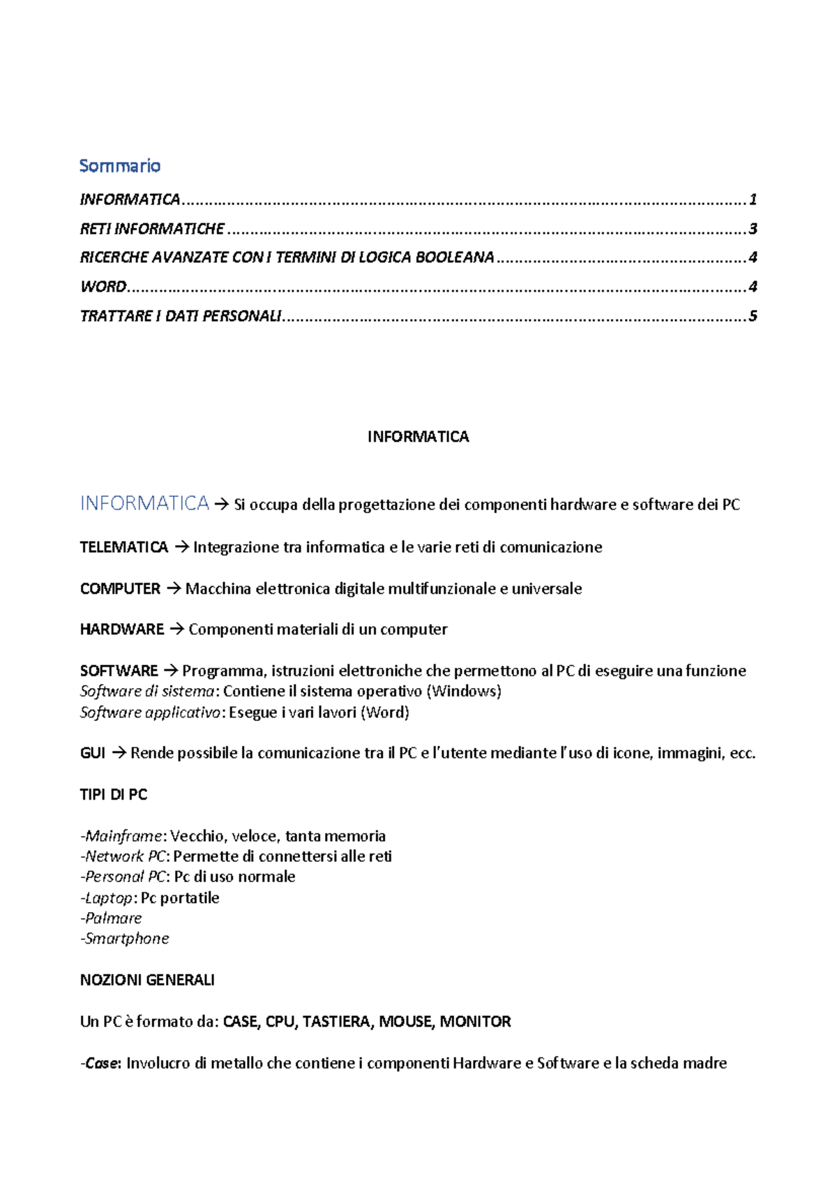 Appunti di idoneità informatica - Sommario INFORMATICA - Studocu
