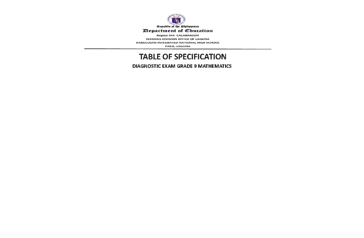 Table OF Specification MATH 2022 2023 - TABLE OF SPECIFICATION ...
