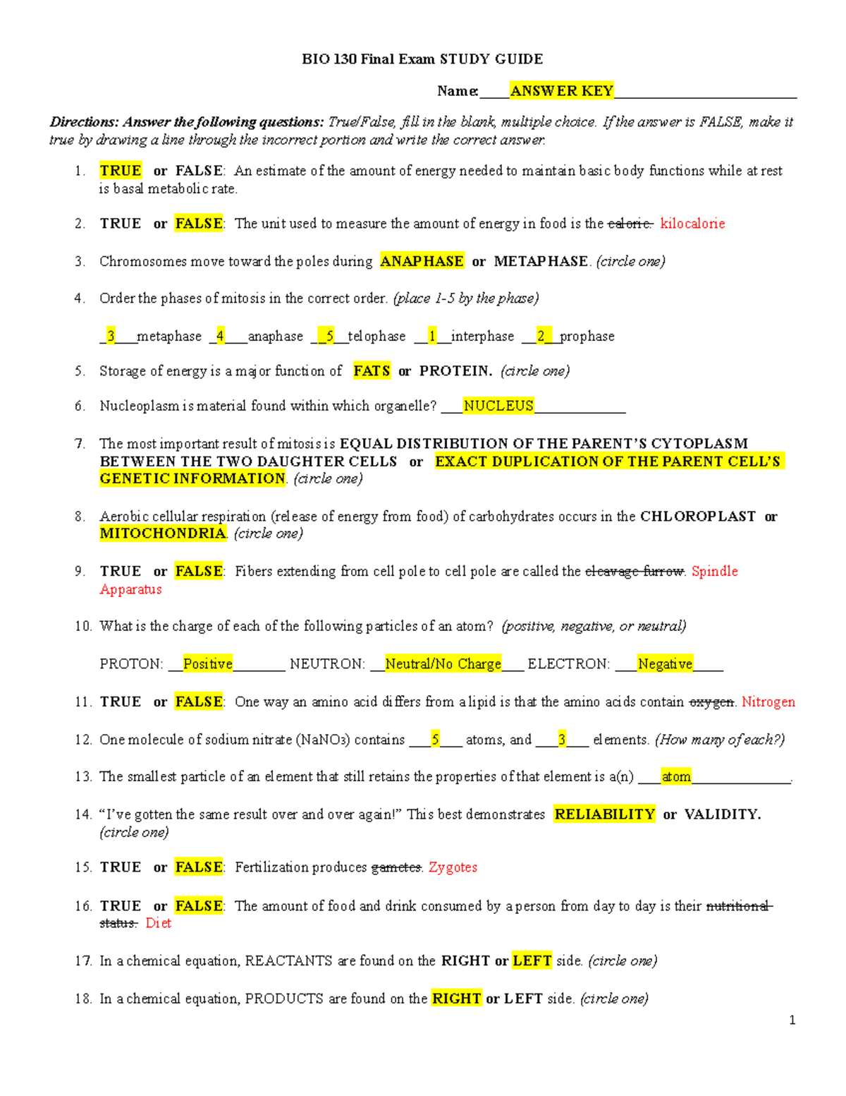 BIO 130 Final Exam Study Guide Answer KEY - BIO 130 Final Exam STUDY ...