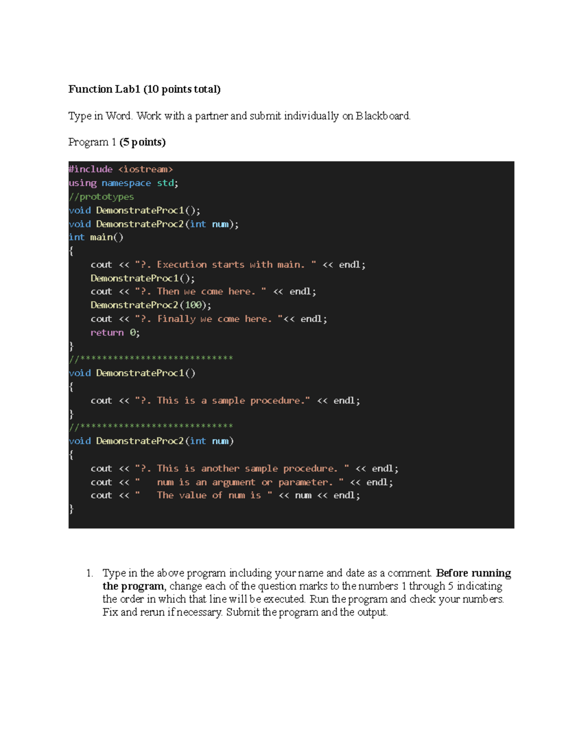 Lab Functions 1 Function Lab1 10 Points Total Type In Word Work With A Partner And Submit