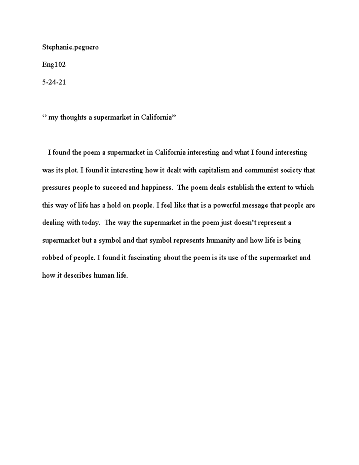 Eng102-stephanie peguero - Stephanie Eng 5-24- ‘’ my thoughts a ...