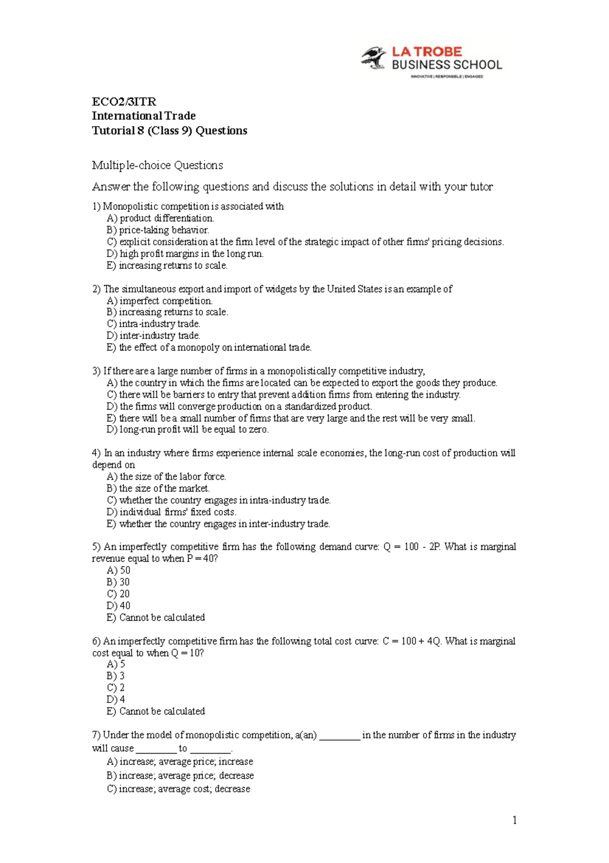 Tutorial 8 - Questions - Firms in the Global Economy Contd - ECO2/3ITR ...