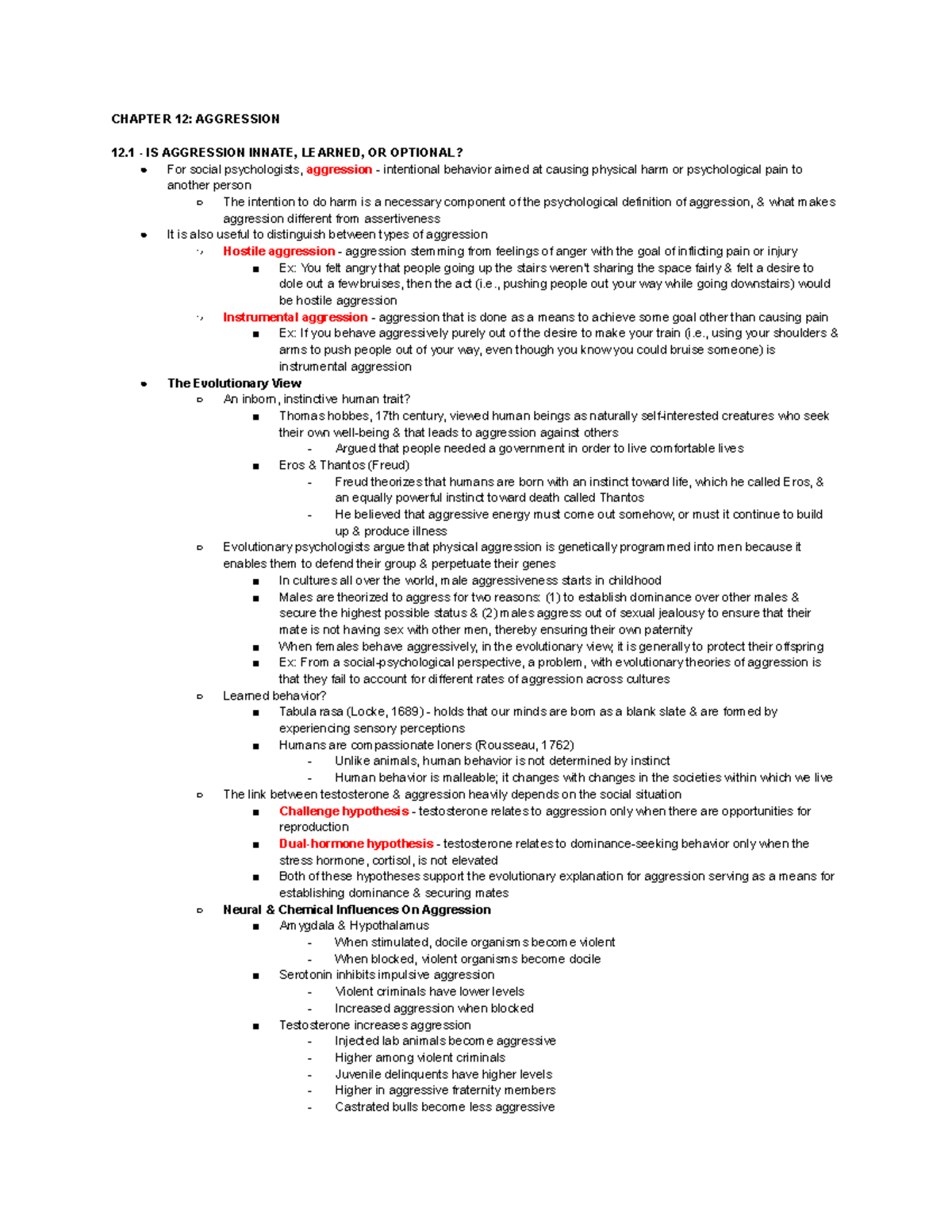 SOP 3004 Chp 12 Notes - CHAPTER 12: AGGRESSION 12 - IS AGGRESSION ...