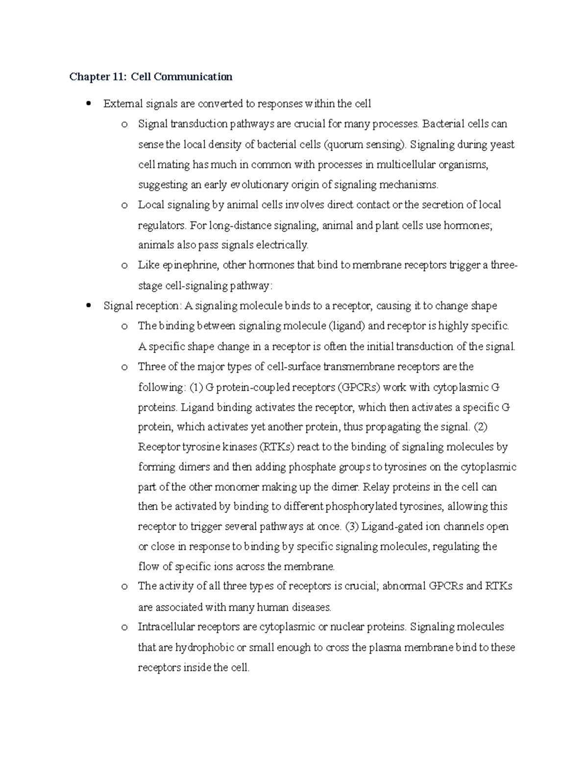 Biology Chapter 11 - Chapter 11: Cell Communication External signals ...