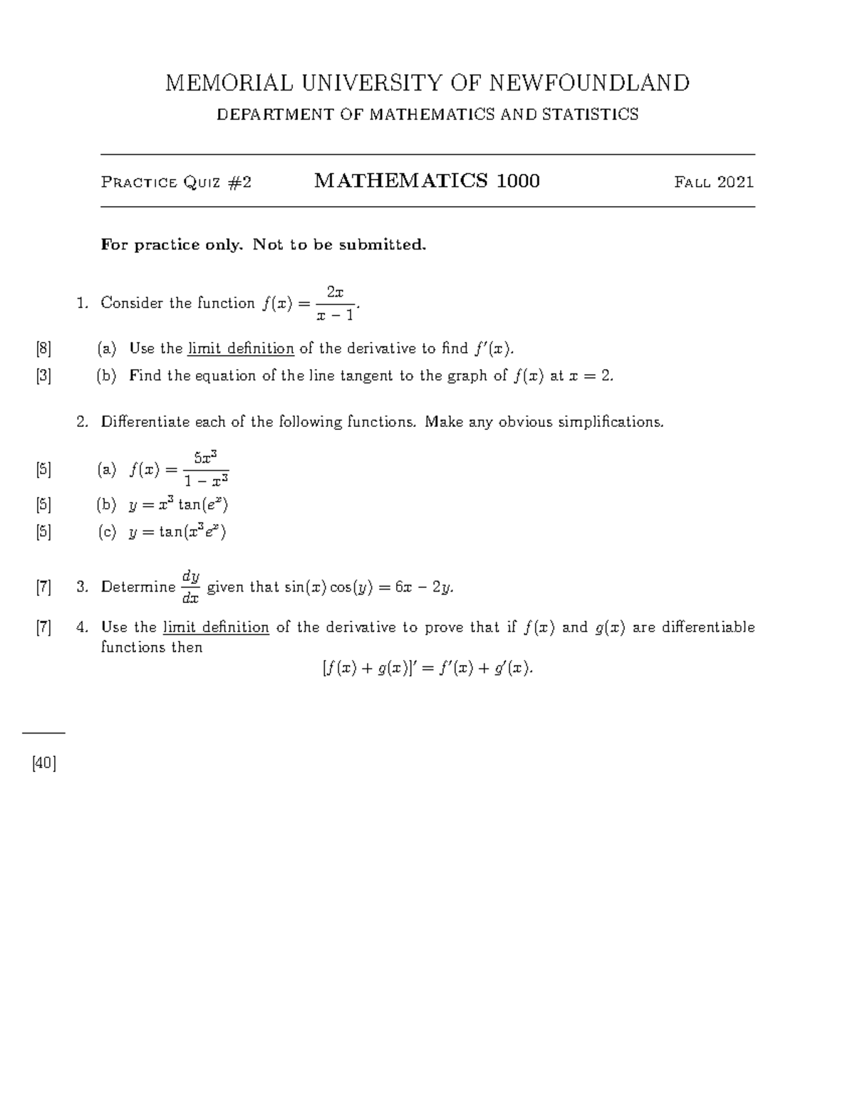 Quiz2 - test - MEMORIAL UNIVERSITY OF NEWFOUNDLAND DEPARTMENT OF ...