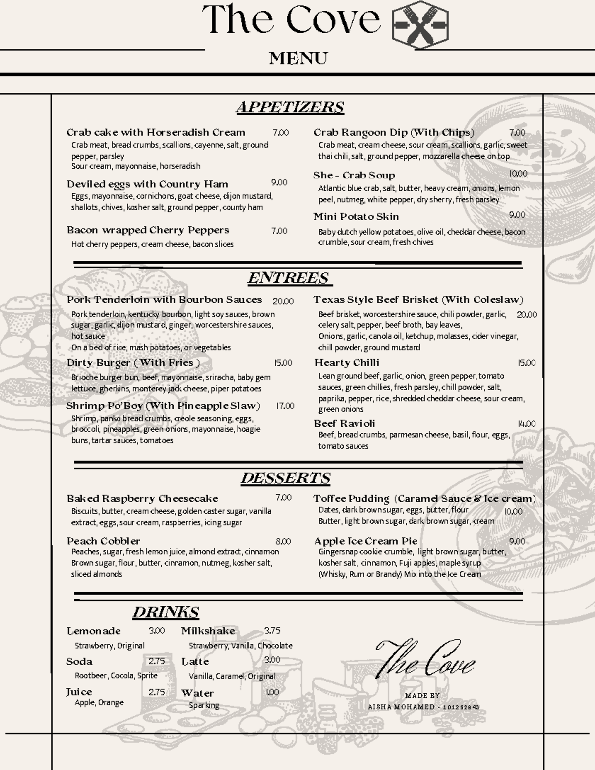 The Cove Menu - menu assignment - Lemonade Milkshake Soda Latte ENTREES ...