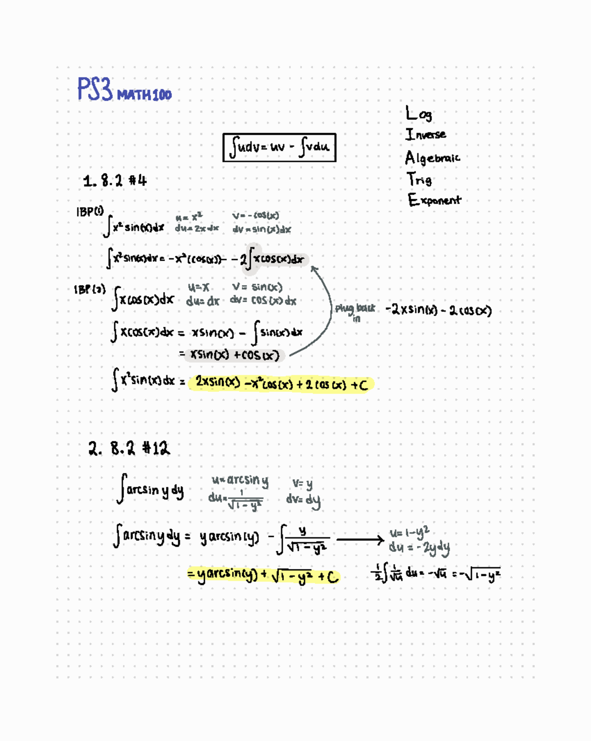 PS3 - ps3 - PS MATH 100 Log Inverse fudu uv Judu Algebraic 1 8 4 Trig ...