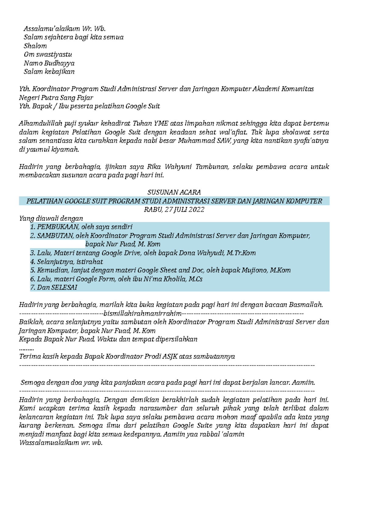 Handout MC-Pelatihan Google Suit ASJK - Assalamu'alaikum Wr. Wb. Salam sejahtera bagi kita semua ...