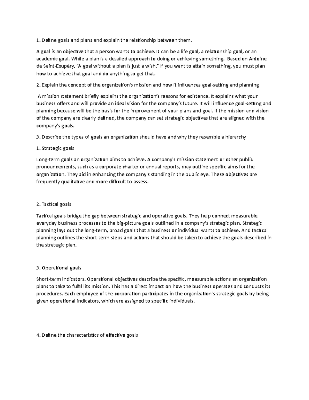 Strat Business - Define goals and plans and explain the relationship ...