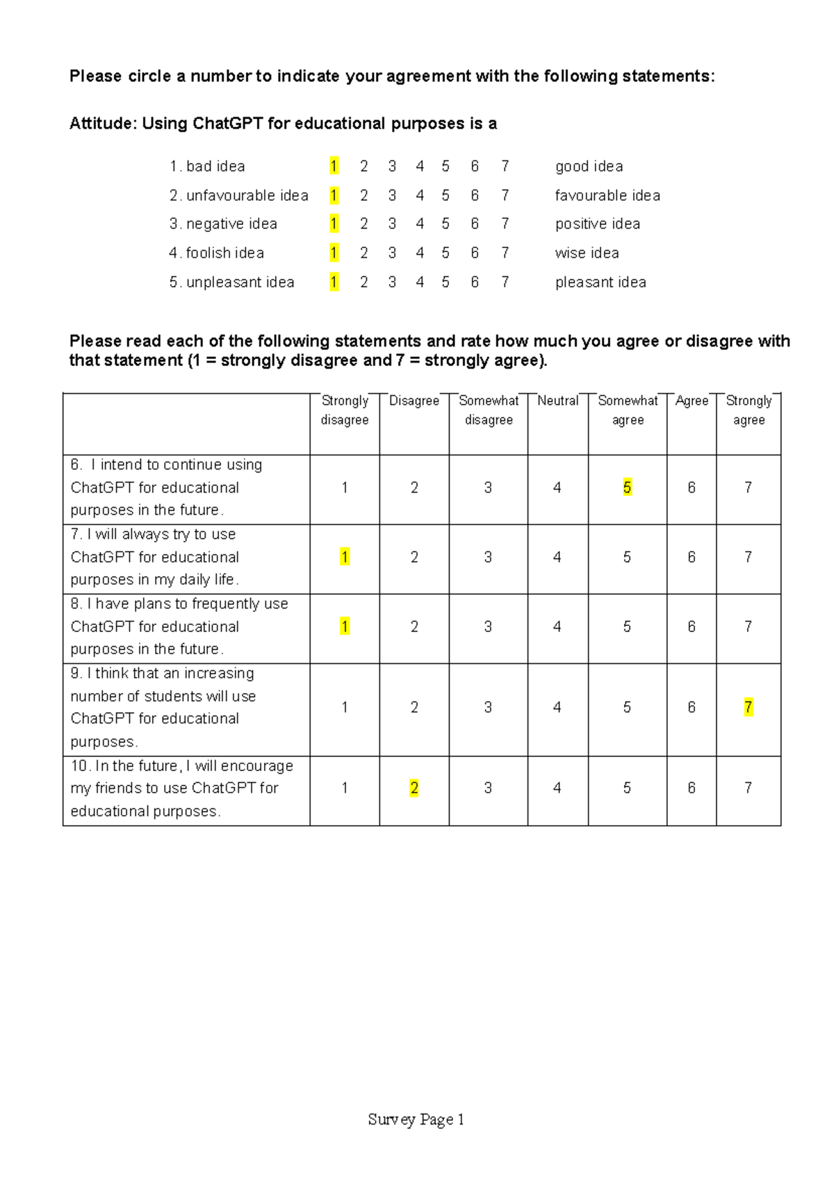 AMB201 PART 2 Survey - Please circle a number to indicate your ...