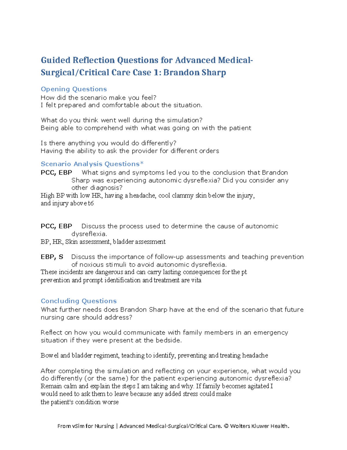 Brandon sharp 1 - Guided Reflection Questions for Advanced Medical ...