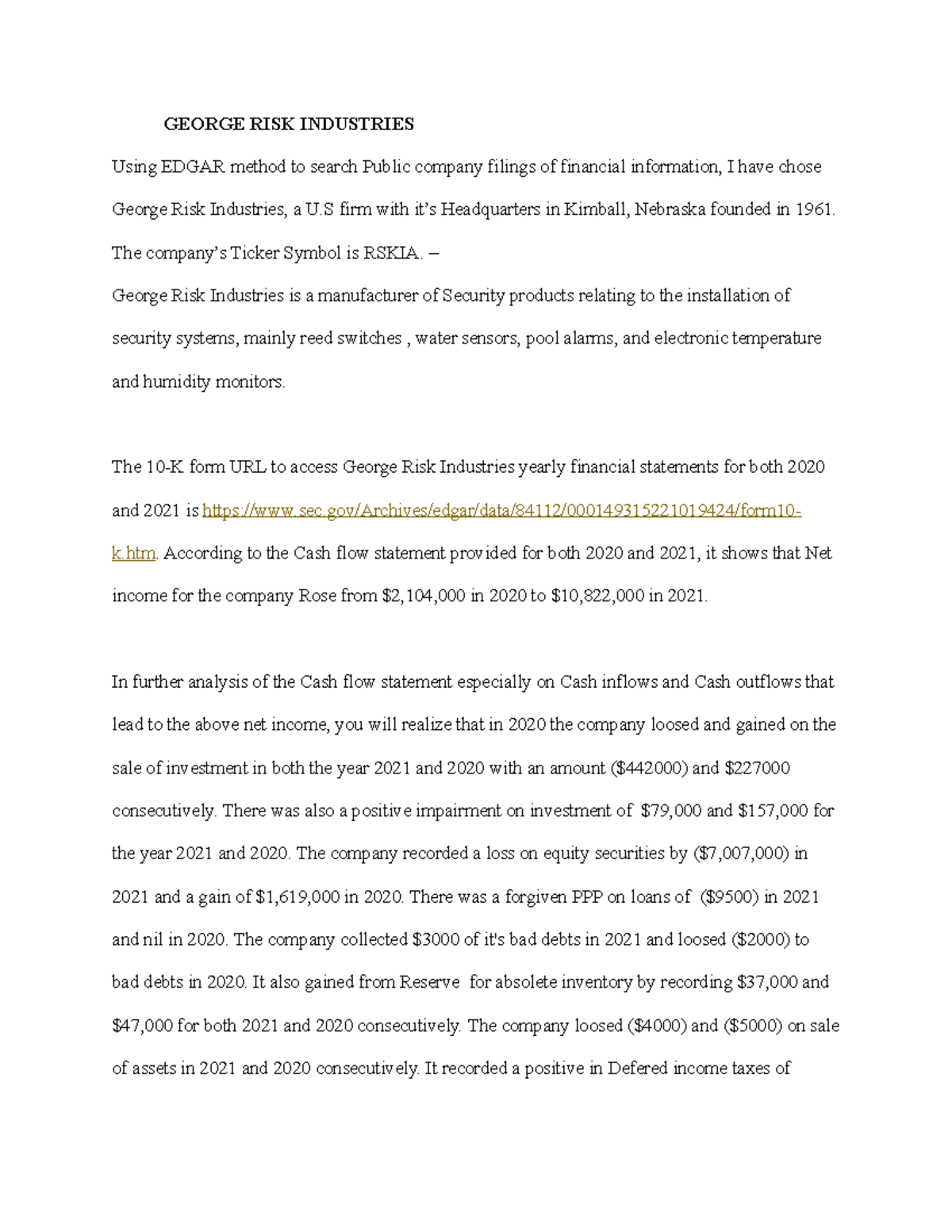 Unit 7.1 Written Assignment - GEORGE RISK INDUSTRIES Using EDGAR method ...