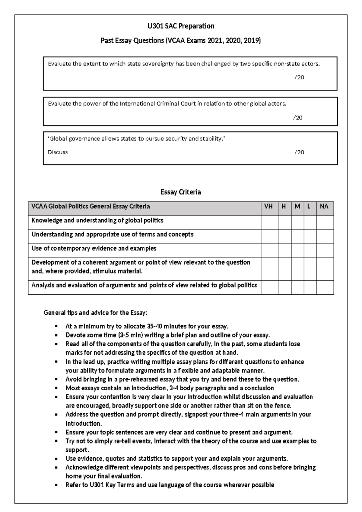 2022 - U301 SAC Essay Preparation - U301 SAC Preparation Past Essay ...