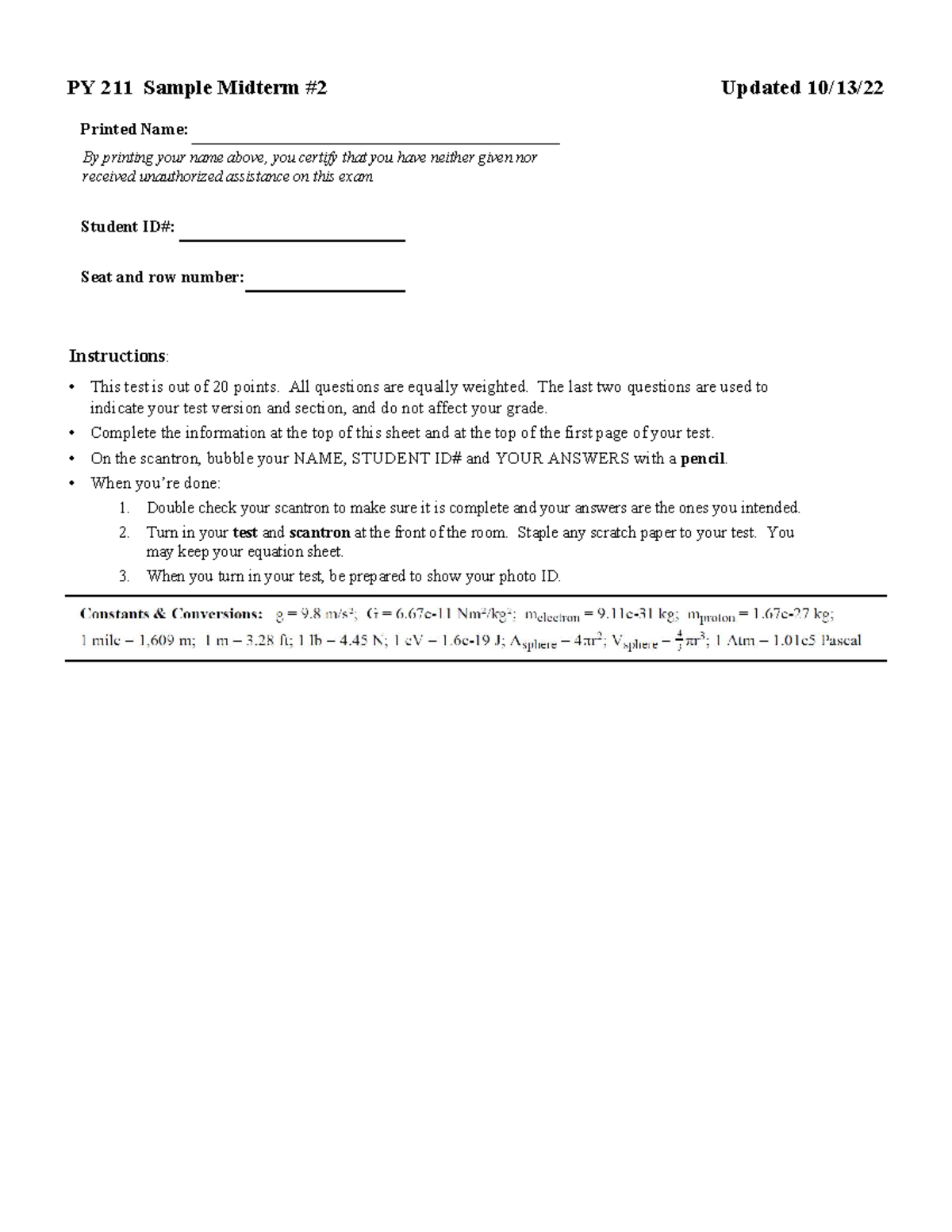 PY211 - Practice Exam 2 - PY 211 Sample Midterm #2 Updated 10/13 ...