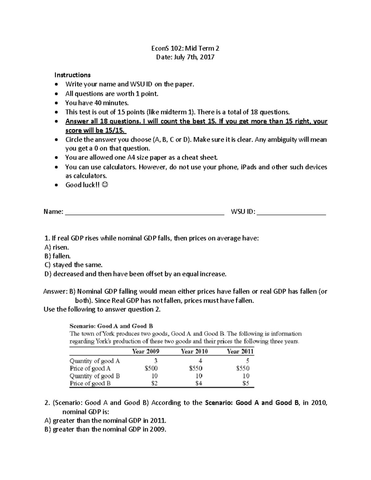Mid Term 2 Solutions - ECON 1020 questions - EconS 102: Mid Term 2 Date ...