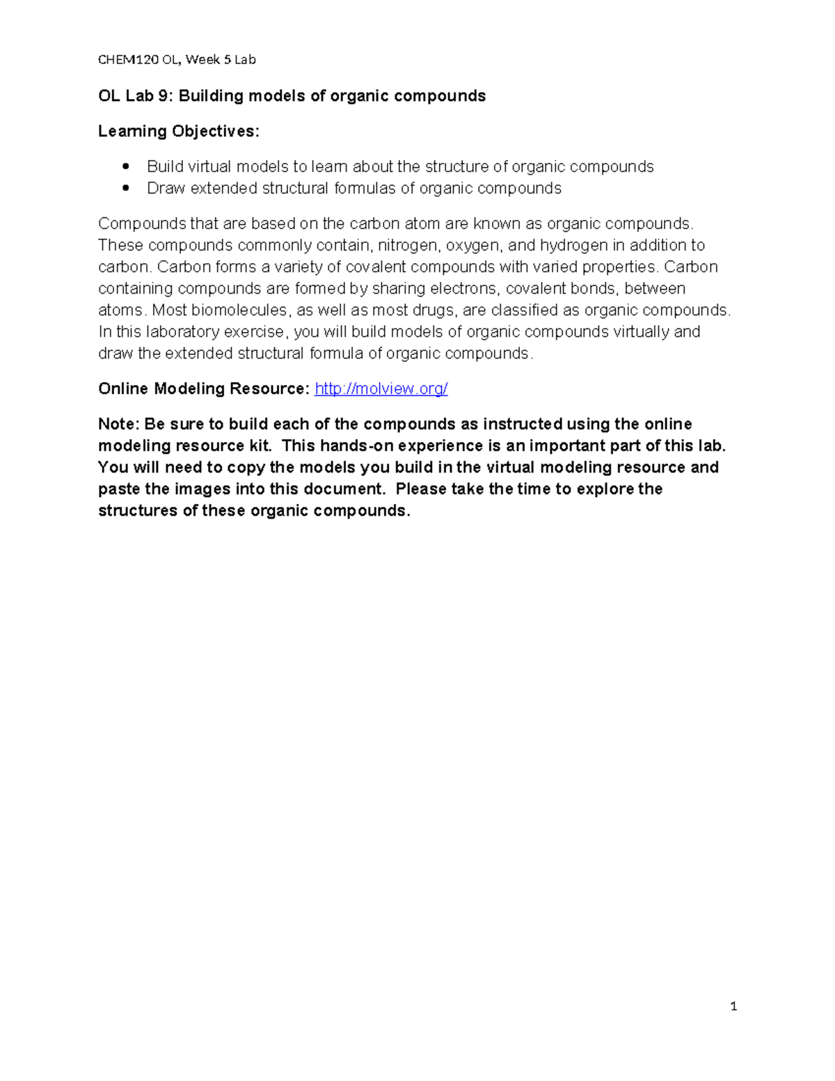 Week 5 Lab Chem - week 5 lab - OL Lab 9: Building models of organic compounds Learning ...