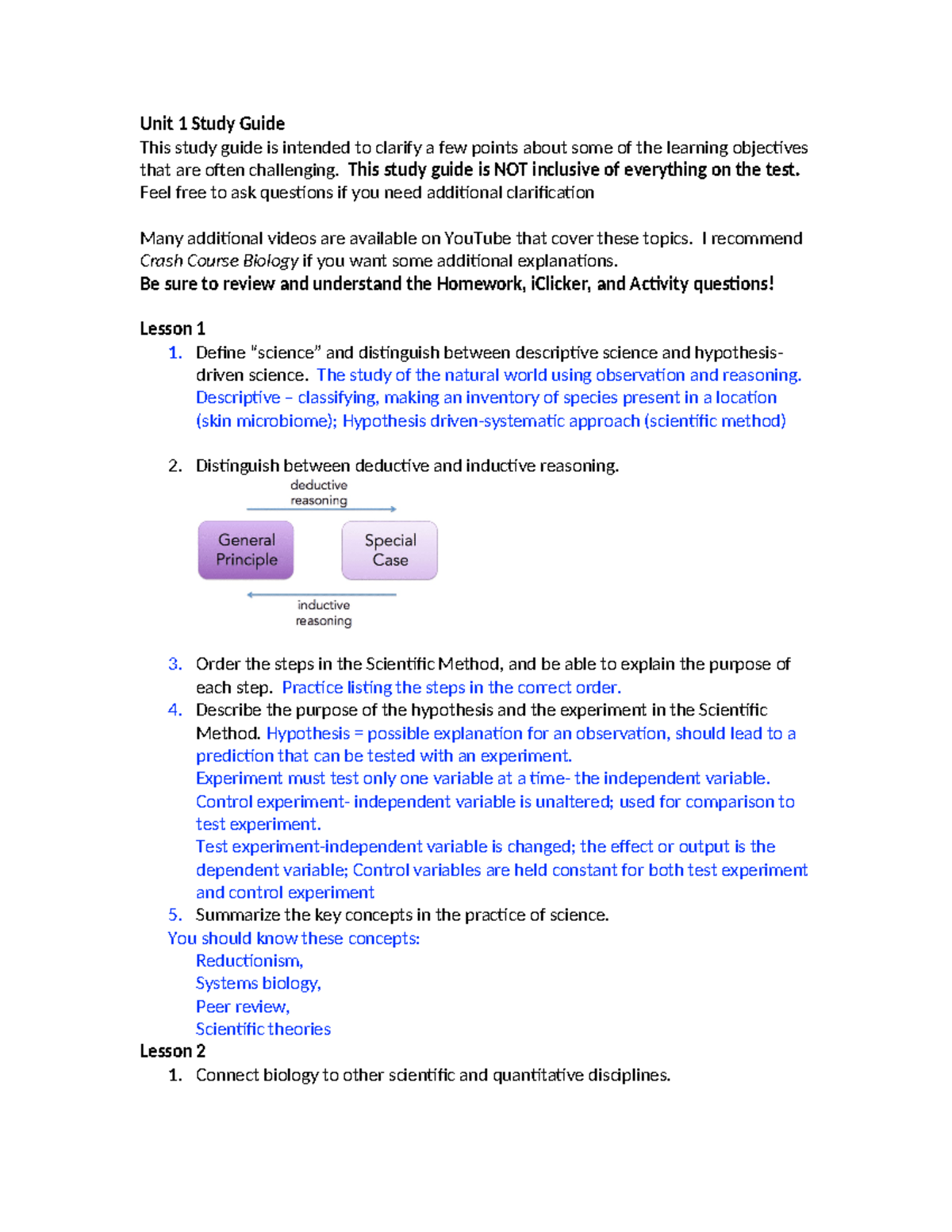BIOL 1105 Test 1 Study Guide F24 - Unit 1 Study Guide This study guide ...