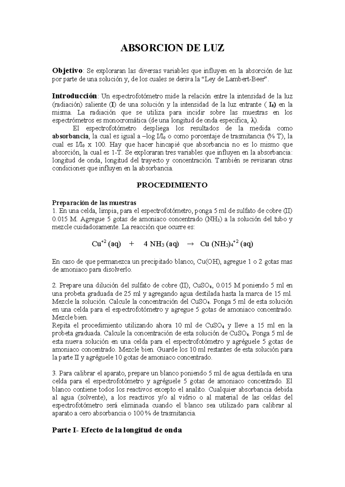 Absorcion DE LUZ(Practica ley de Lambert-Beer) - ABSORCION DE LUZ ...