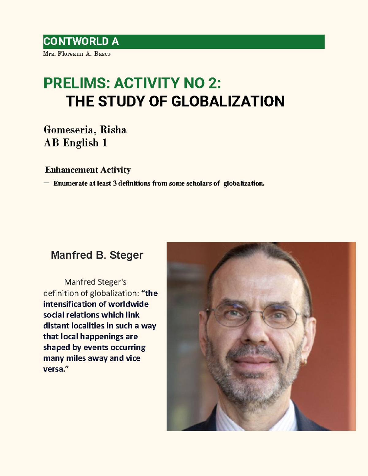 Prelims Activity NO 2 THE Study OF Globalization - CONTWORLD A Mrs ...