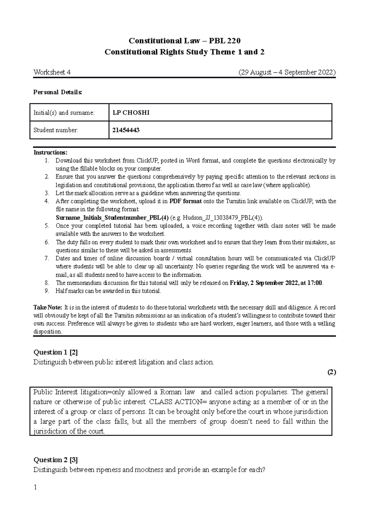 LP Choshi 21454443 PBL - Tutorial worksheet for week 6 that is helpful ...