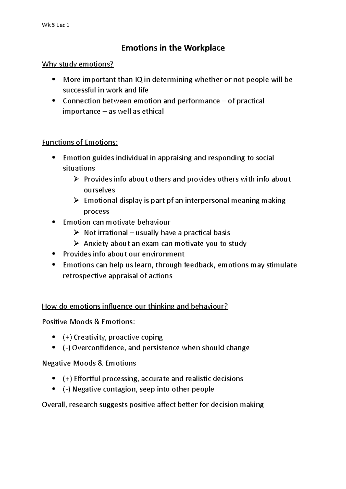 Wk 5 Lec 1 Notes Emotions in the Workplace - Emotions in the Workplace ...