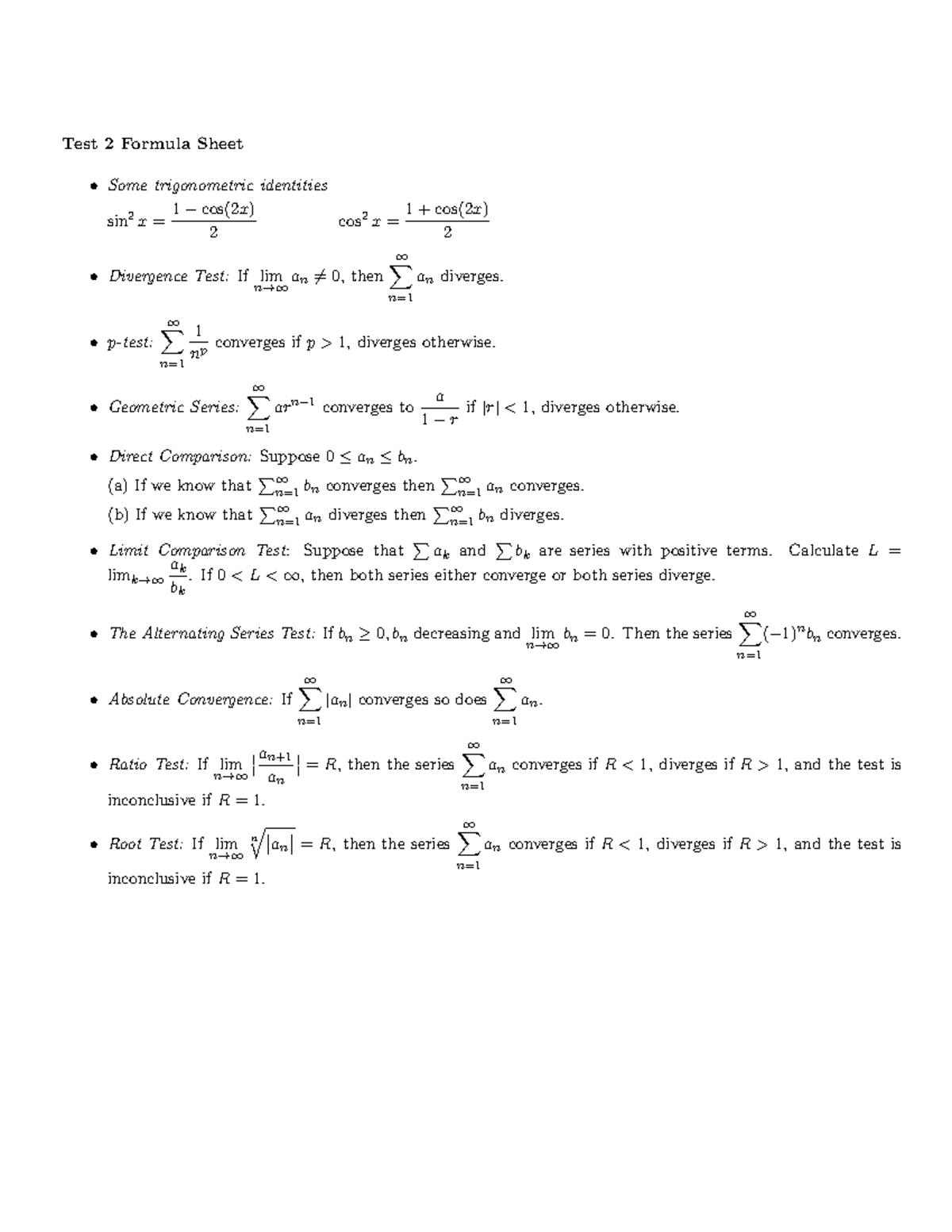 Test 2 Formula Sheet - Test 2 Formula Sheet Some trigonometric ...