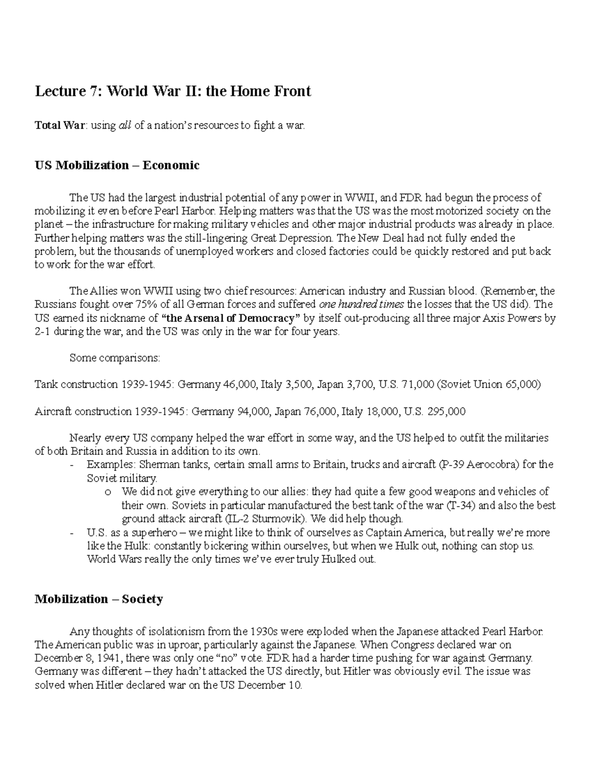 Lecture 7-USfrom 1865 - Lecture 7: World War II: the Home Front Total ...