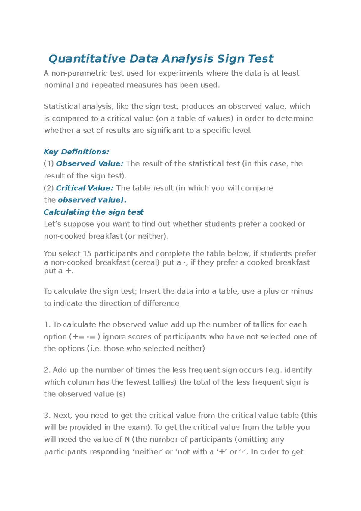 Sign test activity - Quantitative Data Analysis Sign Test A non ...