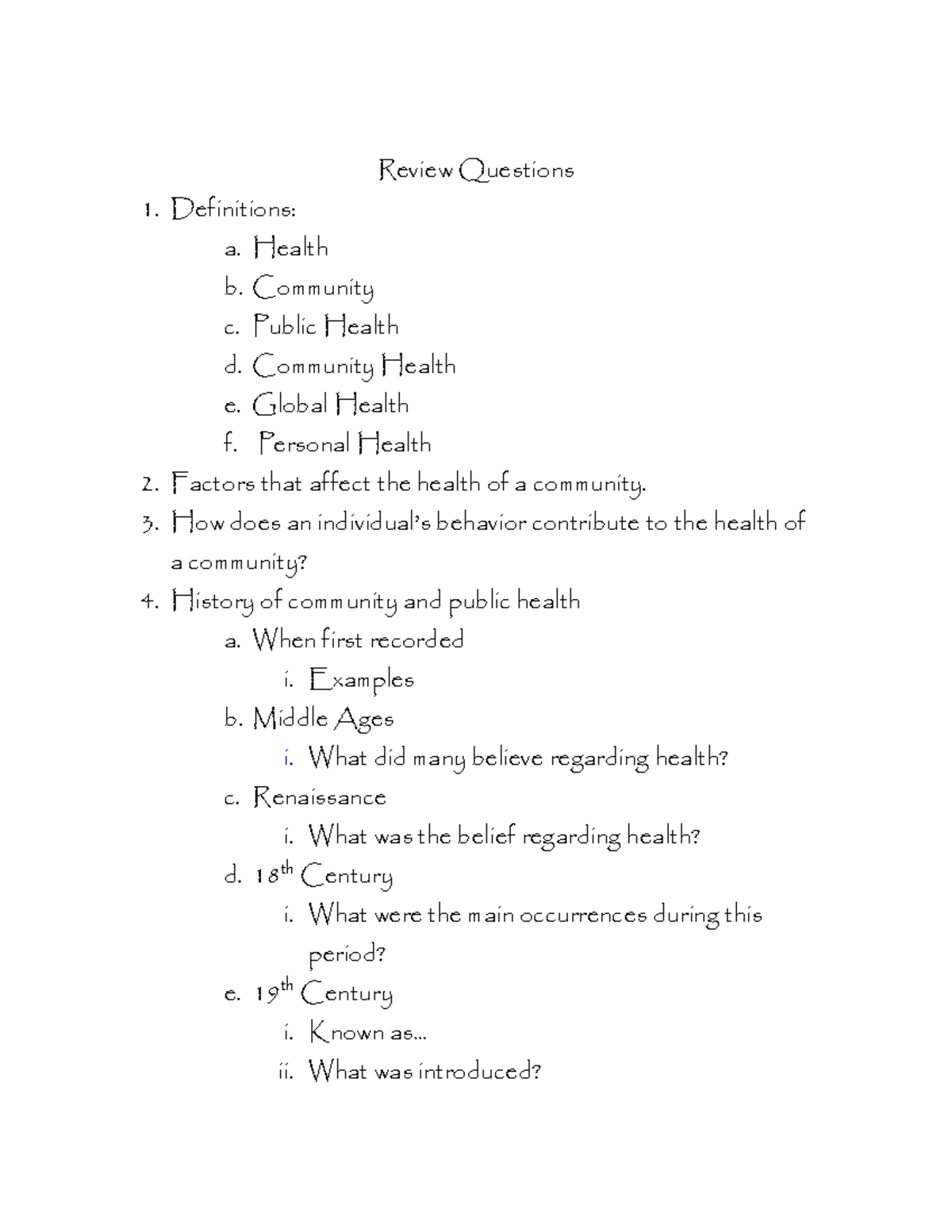 Chapter 1 Review - Review Questions Definitions: a. Health b. Community ...