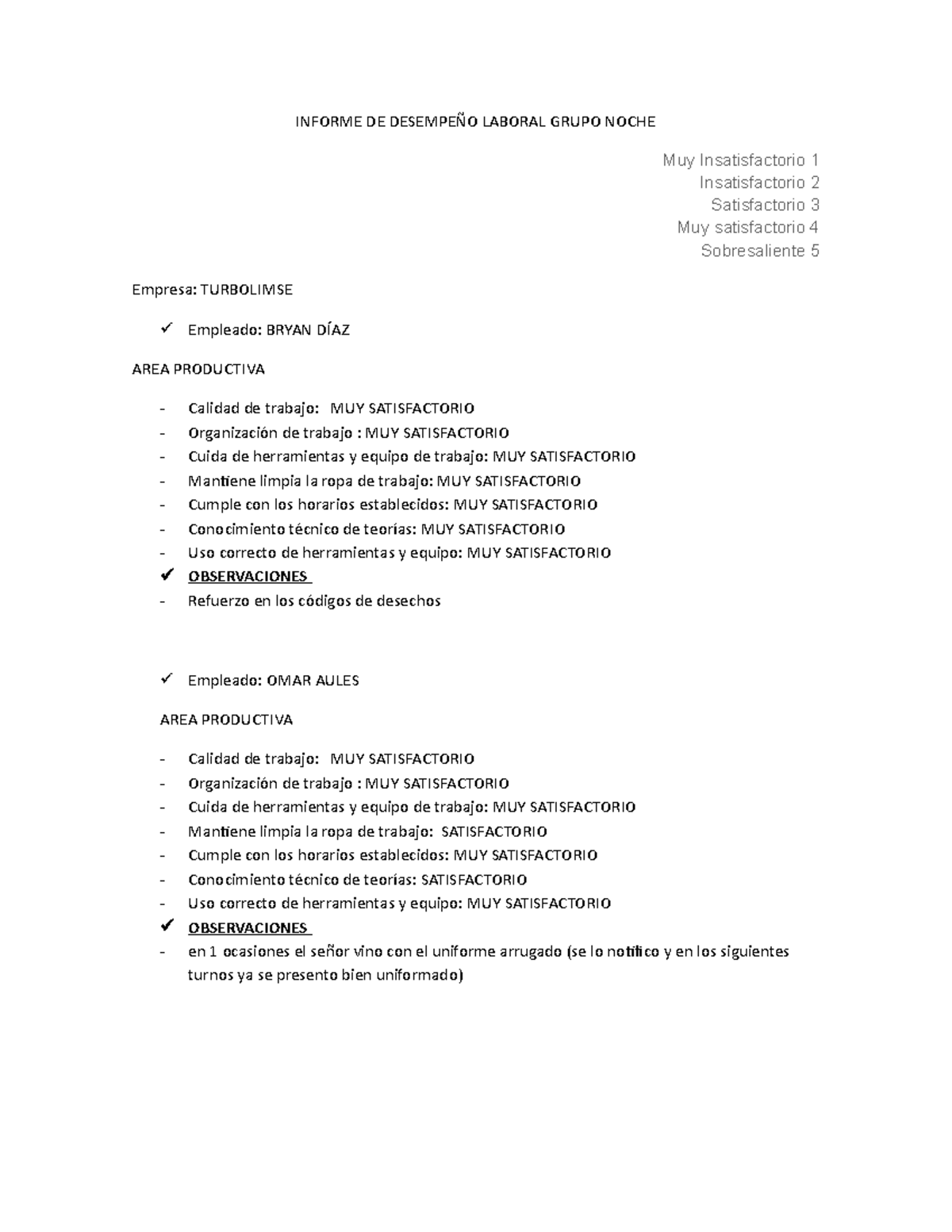 Informe DE Desempeño Laboral Grupo Noche - INFORME DE DESEMPEÑO LABORAL ...