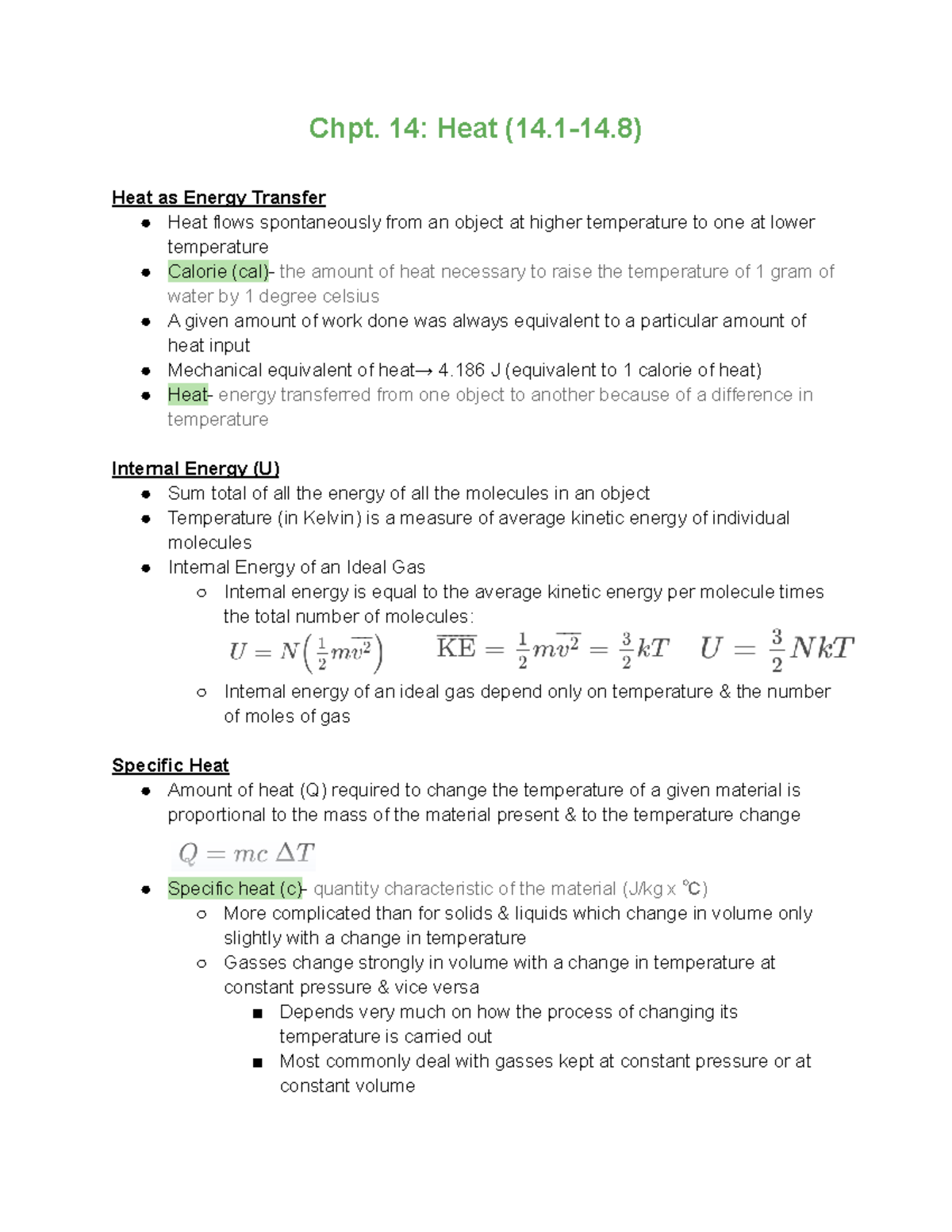 Chapter 14 notes-3 - chpt notes - Chpt. 14: Heat (14.1-14) Heat as ...