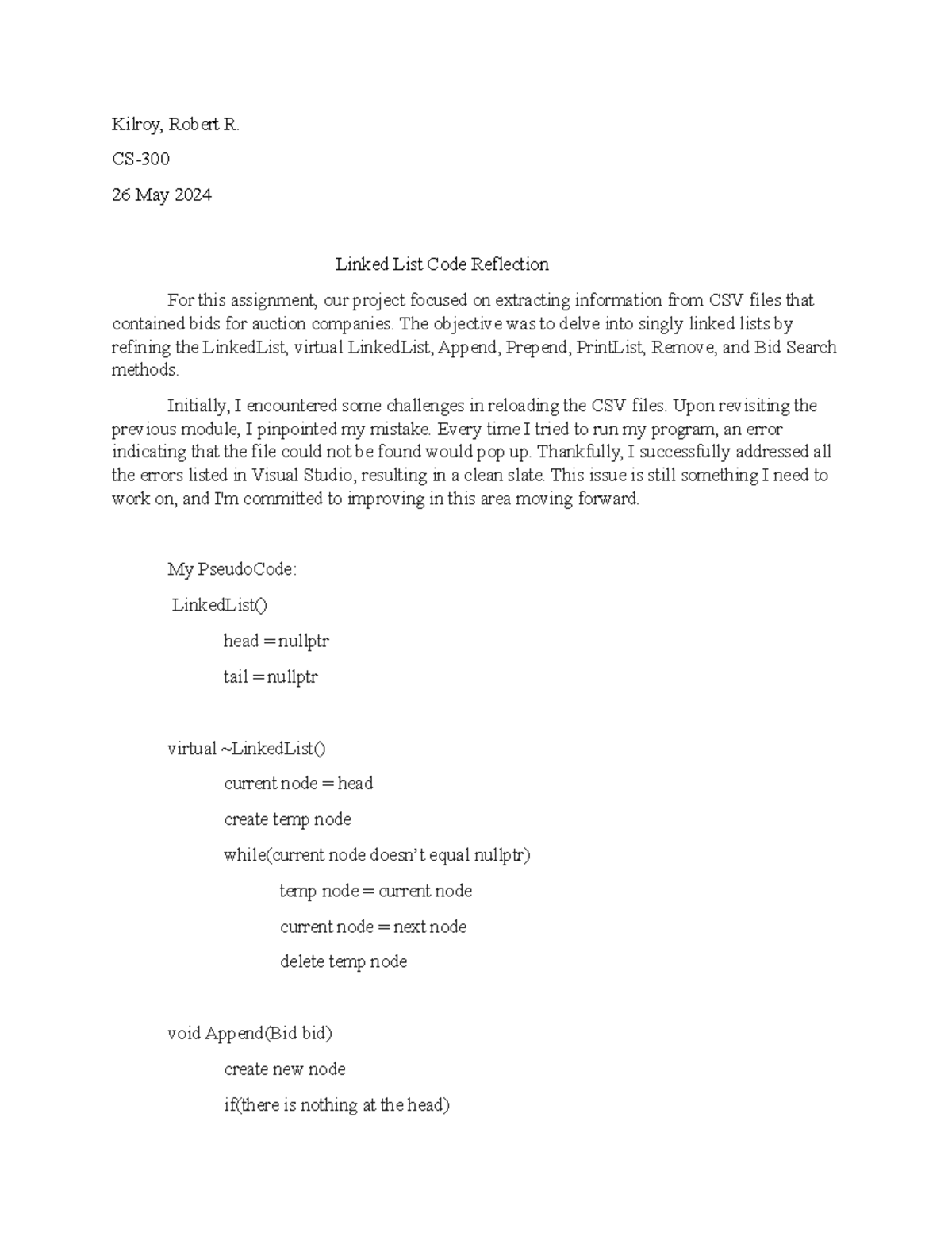 Linked List Reflection Kilroy Kilroy Robert R Cs 26 May 2024 Linked List Code Reflection