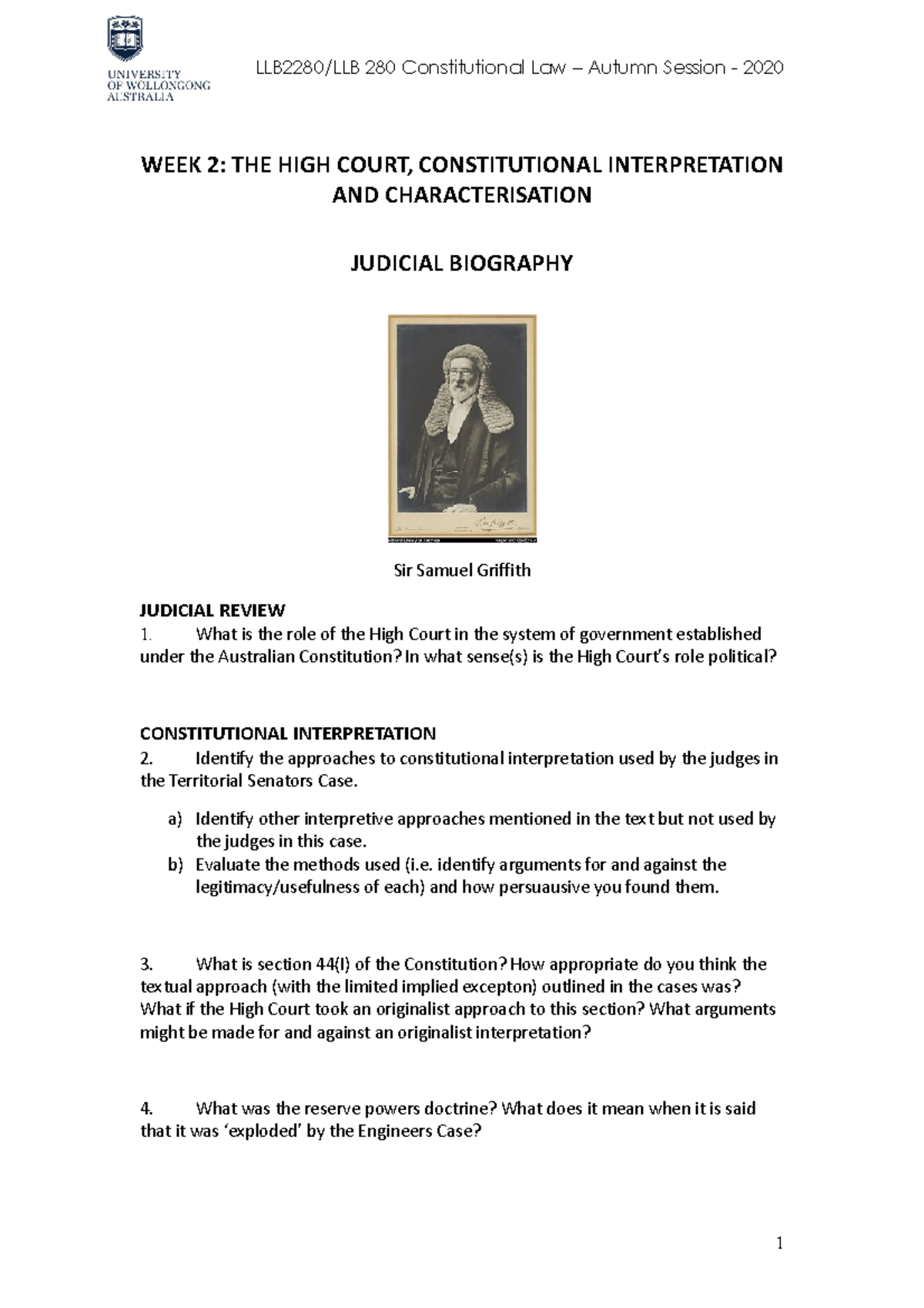 WEEK 2 Seminar questions - LLB2280/LLB 280 Constitutional Law – Autumn Session - 2020 1 WEEK 2 ...