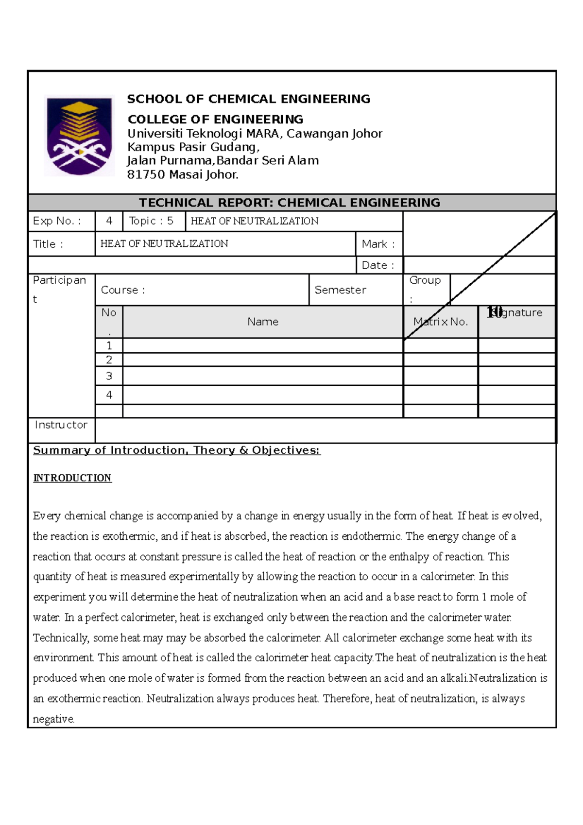 Lab report experimen 4 - SCHOOL OF CHEMICAL ENGINEERING COLLEGE OF ...
