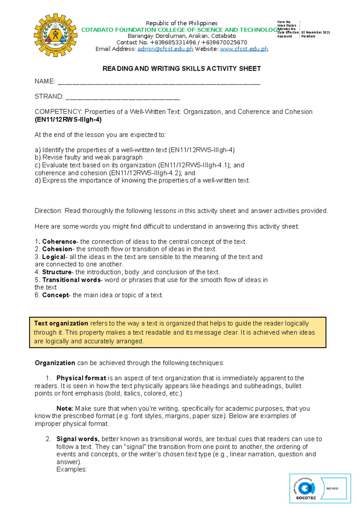 Reading and Writing skills activity sheet - Republic of the Philippines ...